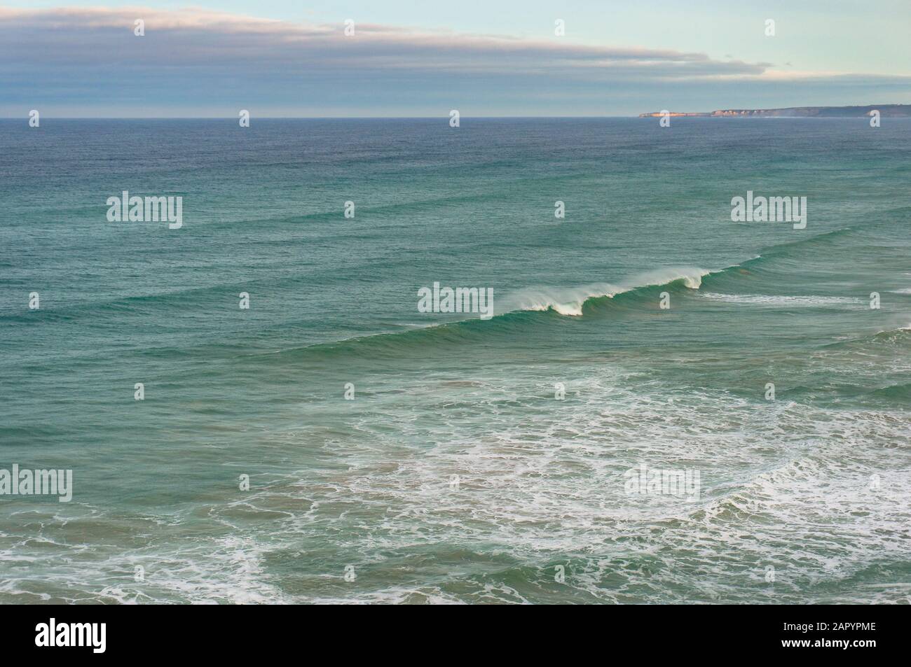 Aerial view on ocean surface with big waves and horizon over water ...