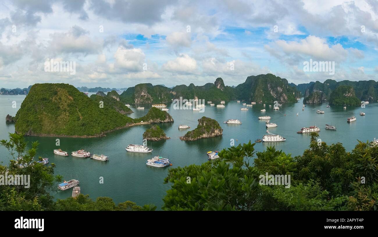 Aerial view panorama of Halong Bay with cruise boats. Ha Long Bay is ...