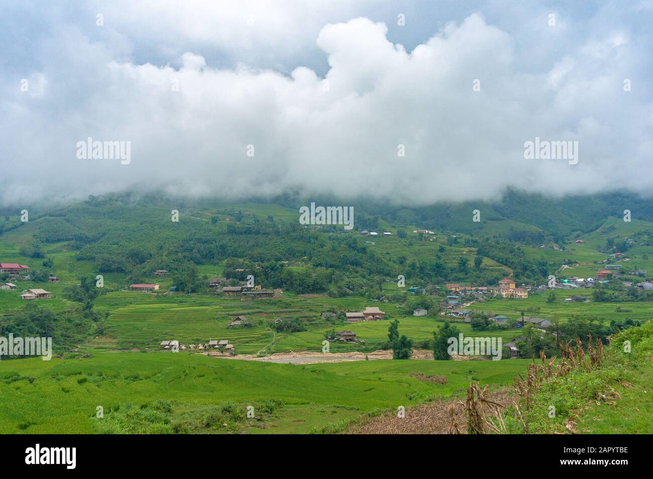 Panoramic view landscape of rice terraces and villages in mountains ...