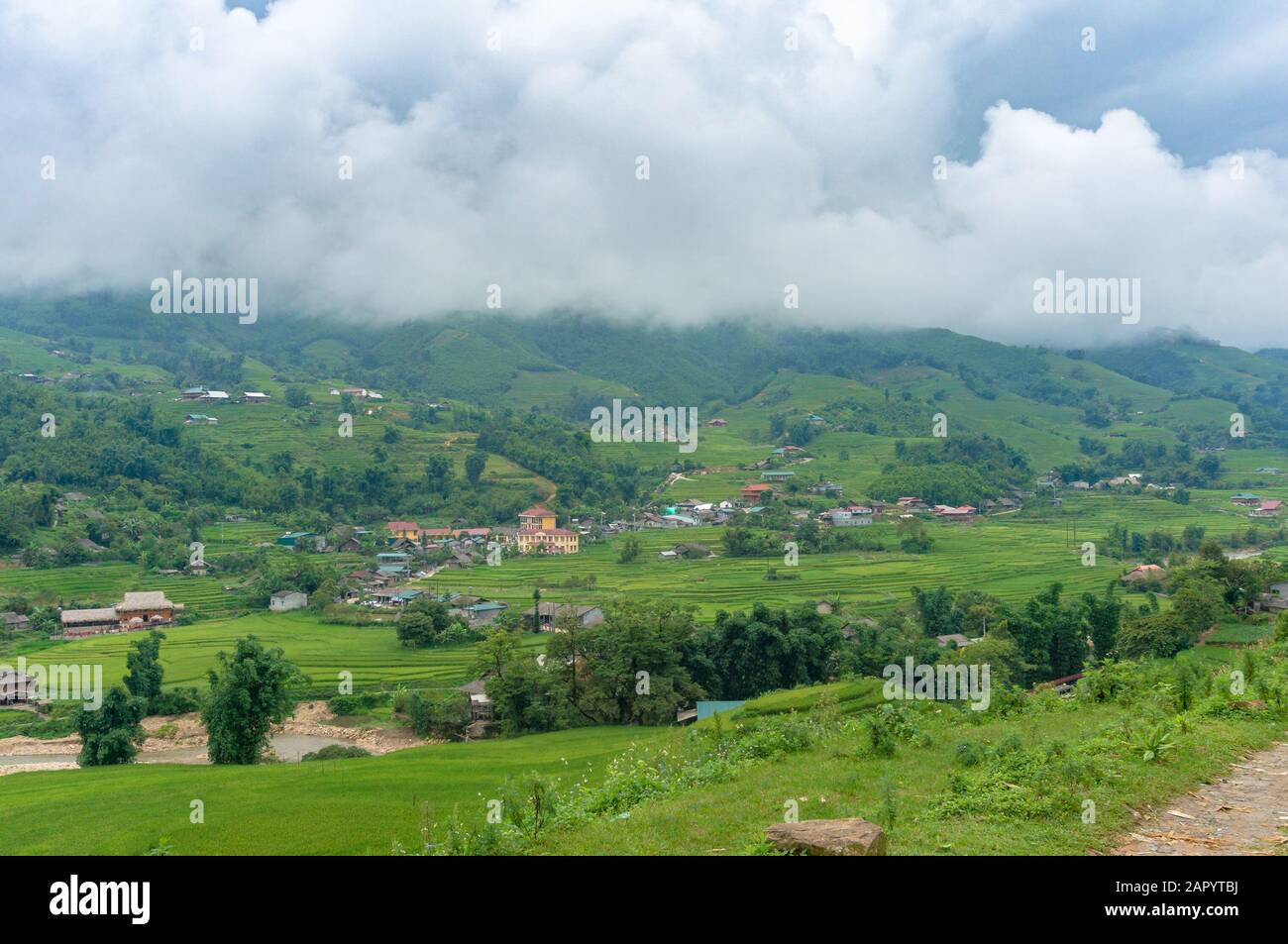 Vietnamese countryside landscape with rice terraces and village in the ...