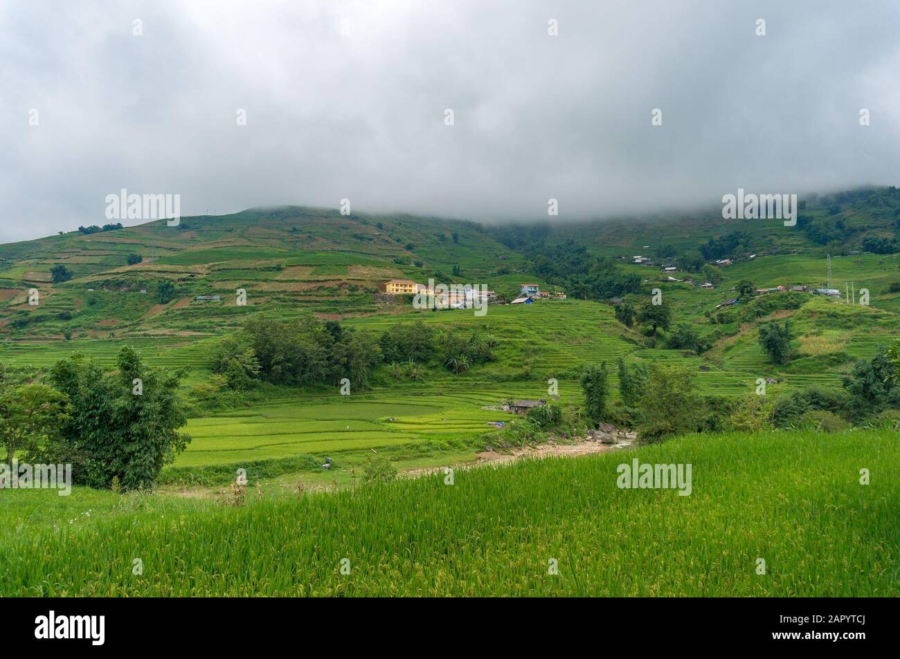 High mountain landscape with rice terraces, rural villages and low ...