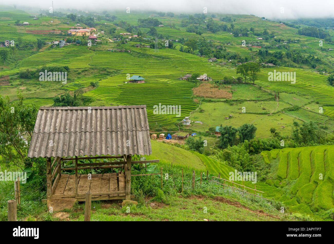 Rustic wooden hut, stable and rural landscape view. Agriculture ...