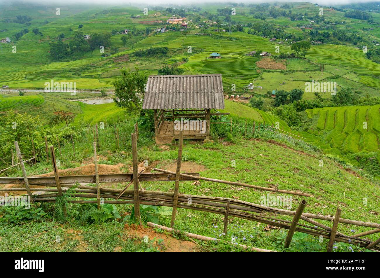 Rustic wooden hut, stable and rural landscape view. Agriculture ...