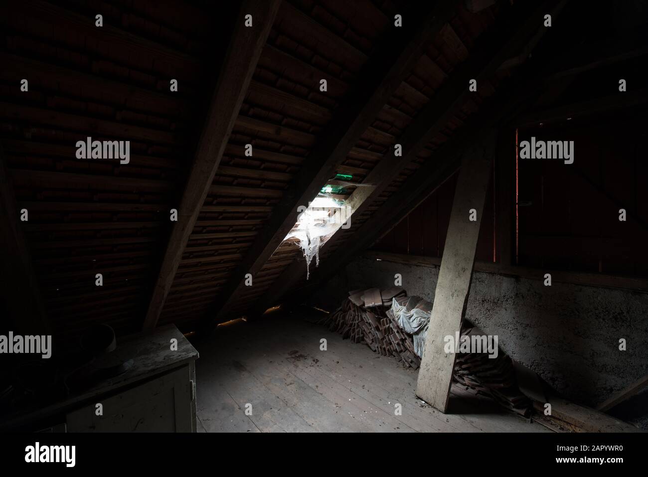 Inside the attic of an old house with cobwebs Stock Photo - Alamy