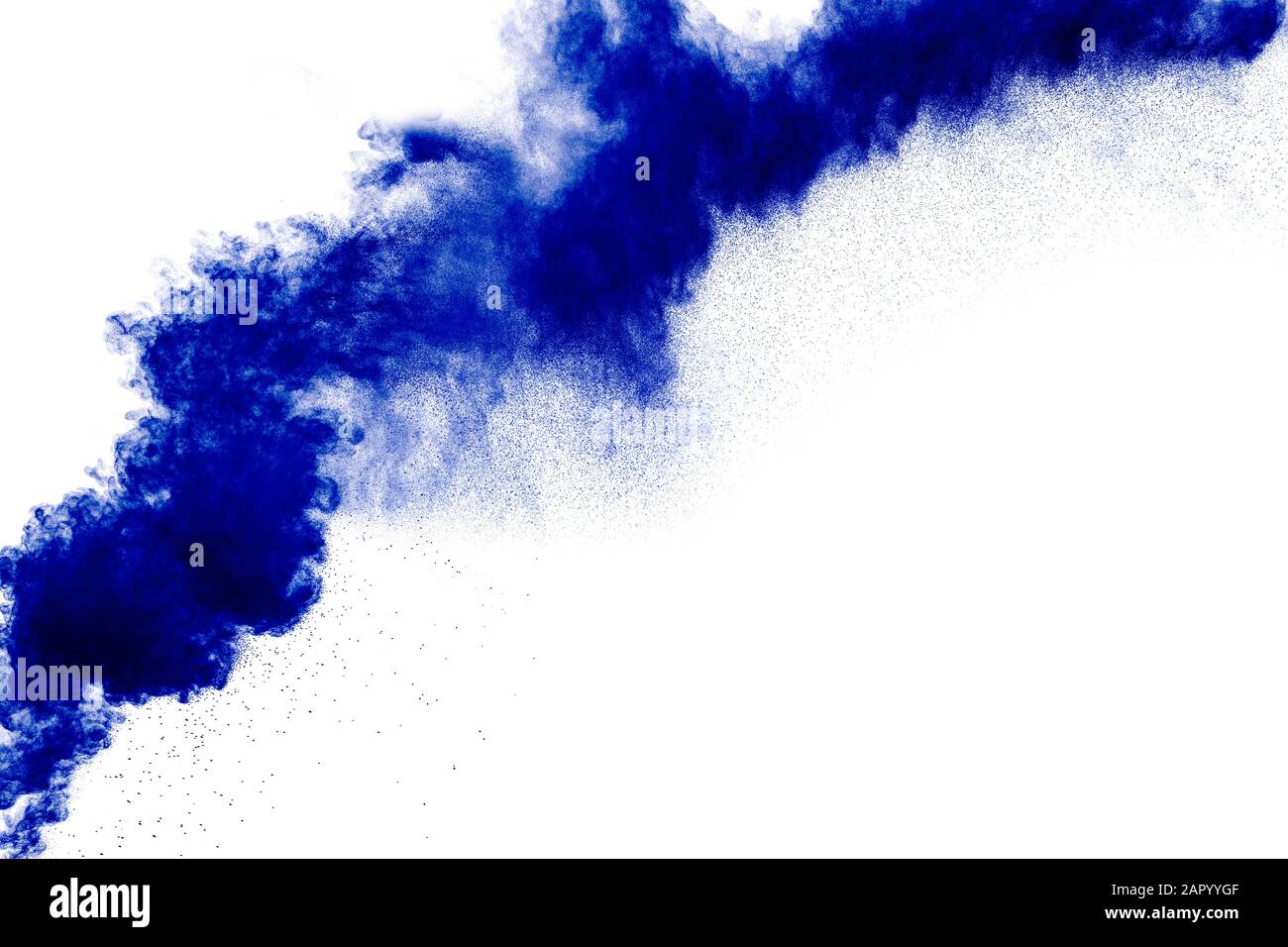 Bizarre forms of blue powder explode cloud on white background ...