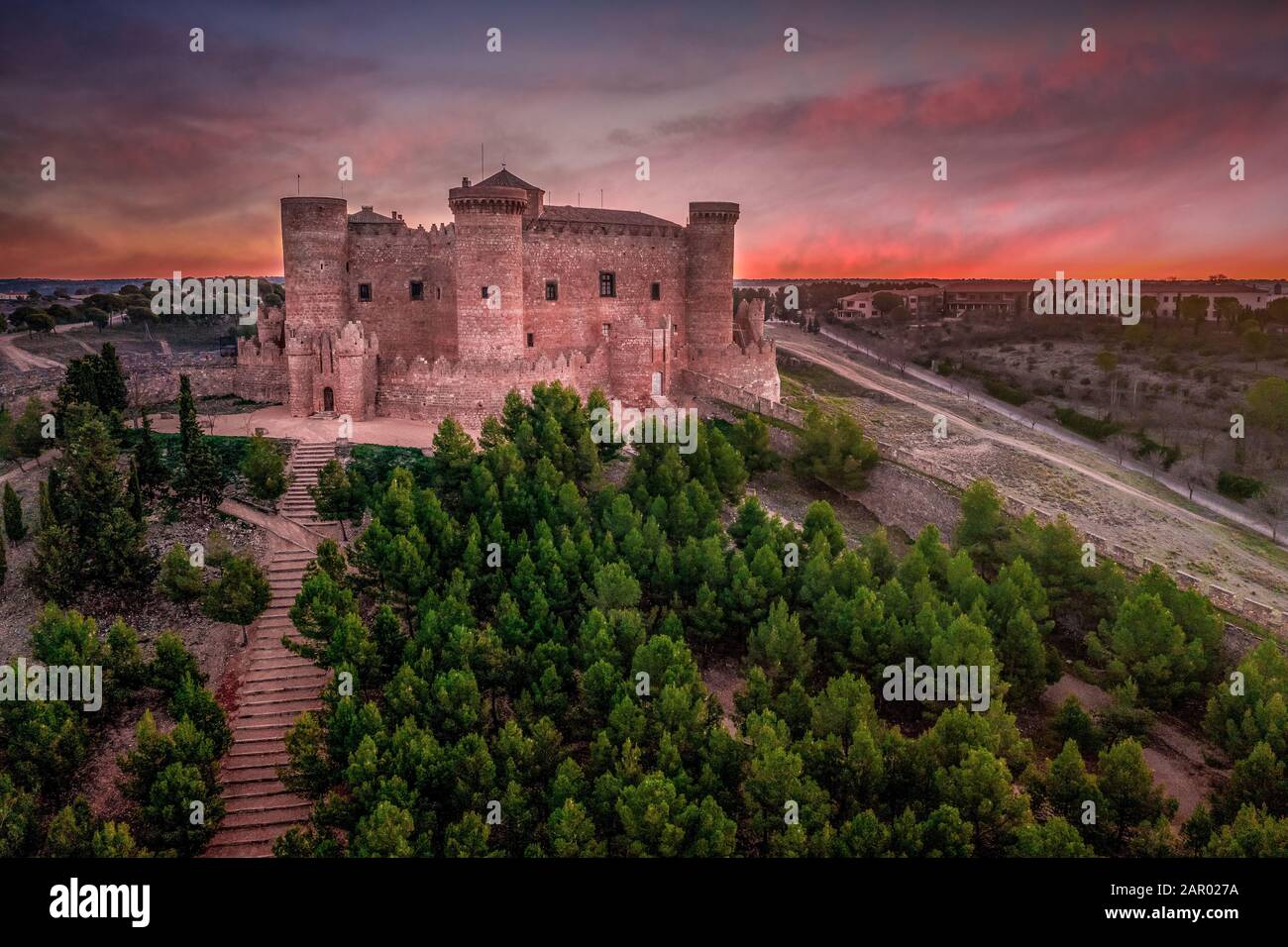 Aerial view of Belmonte castle in Cuenca Spain with circular walls, six ...