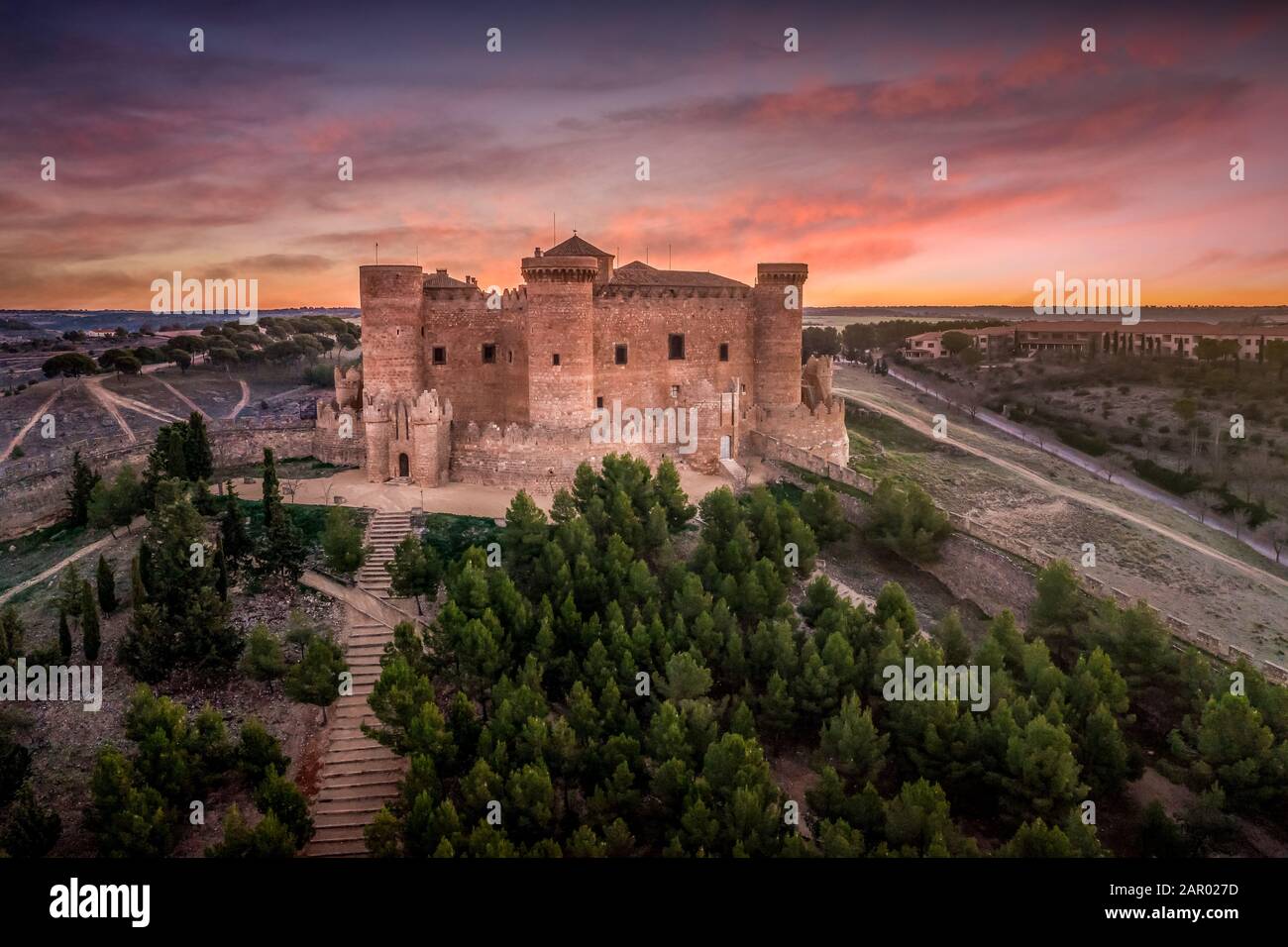 Aerial view of Belmonte castle in Cuenca Spain with circular walls, six ...
