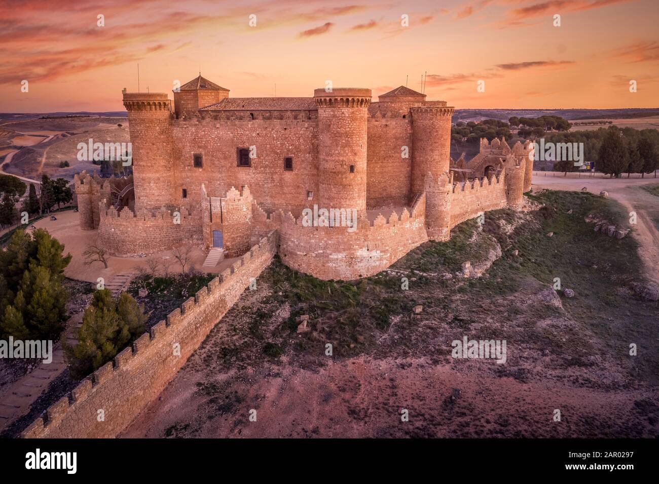 Aerial view of Belmonte castle in Cuenca Spain with circular walls, six ...