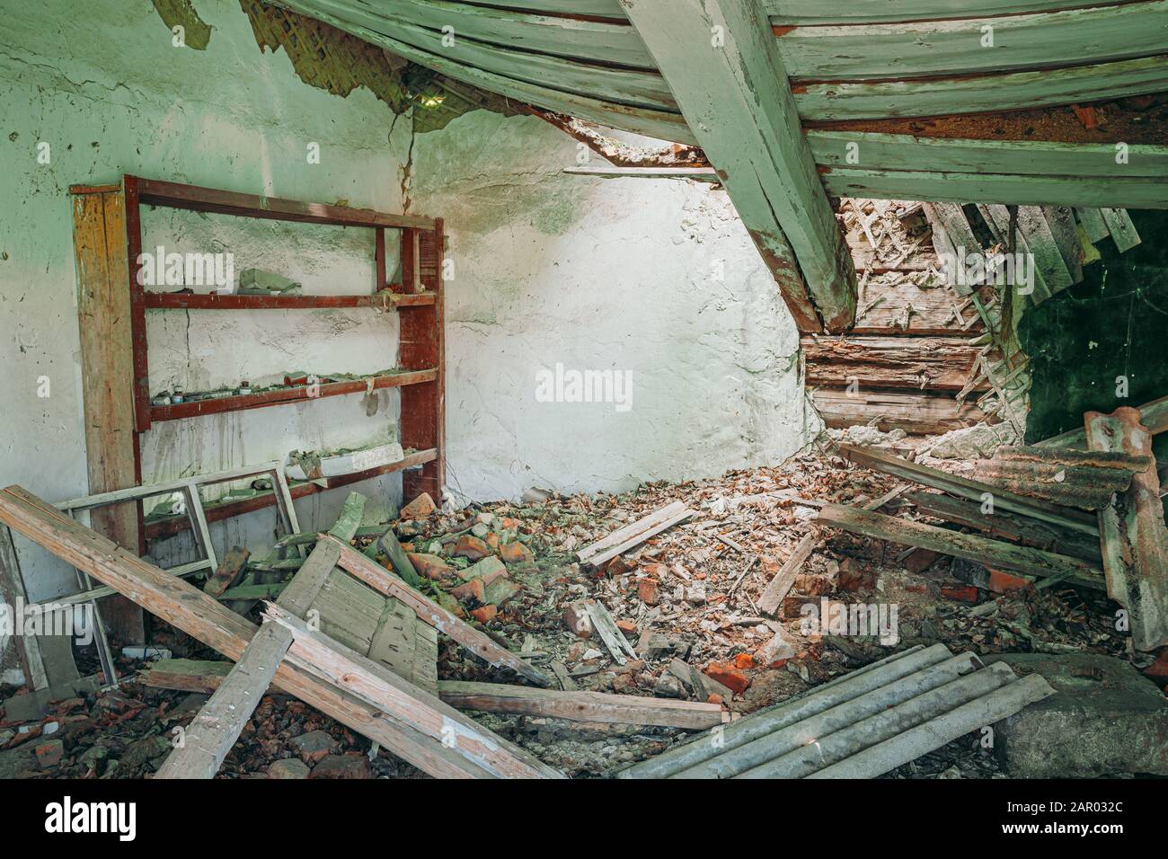 Interior Of Ruined Abandoned Private Country House With Caved Roof In ...