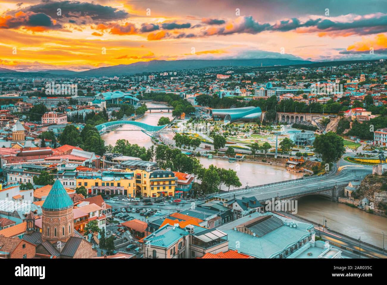 Tbilisi, Georgia. Evening View Of Tbilisi Skyline At Colorful Sunset ...
