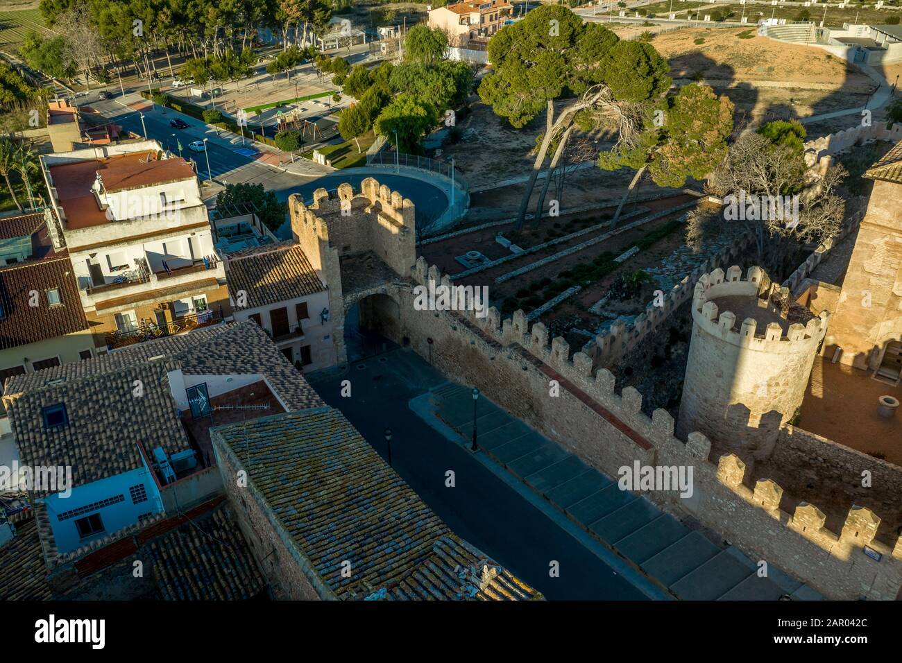 Aerial morning view of fully restored Besano castle in Valencia with ...