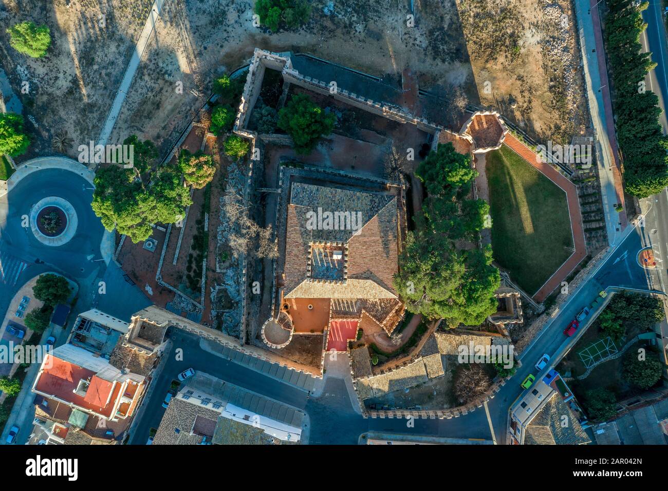 Aerial morning view of fully restored Besano castle in Valencia with ...
