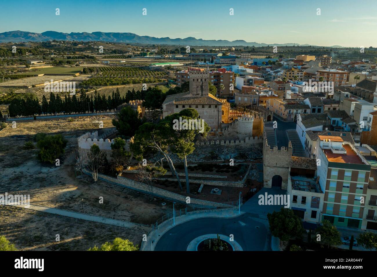 Aerial morning view of fully restored Besano castle in Valencia with ...