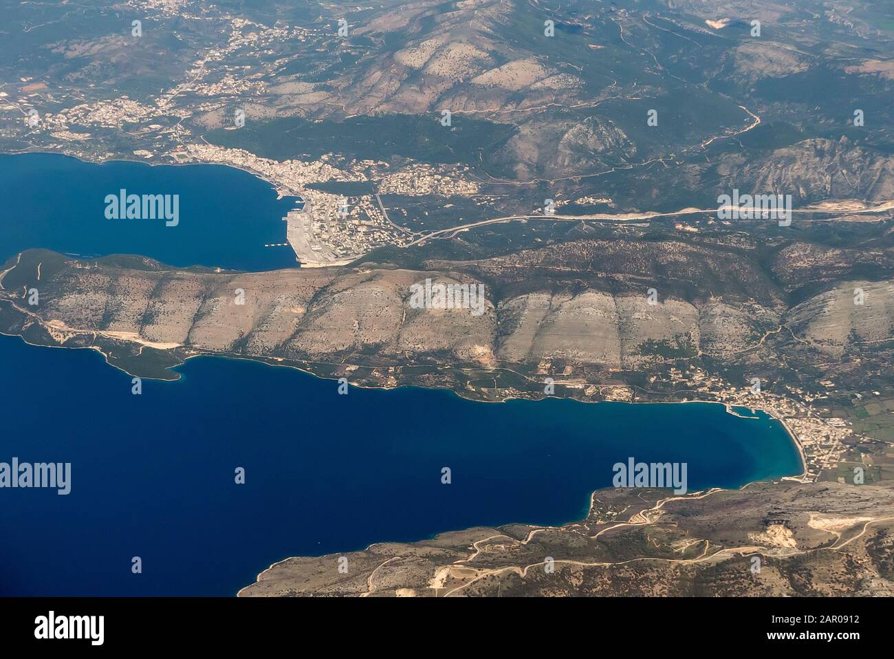 The Ionian coast of the greek mainland, with the towns of Igoumenitsa ...