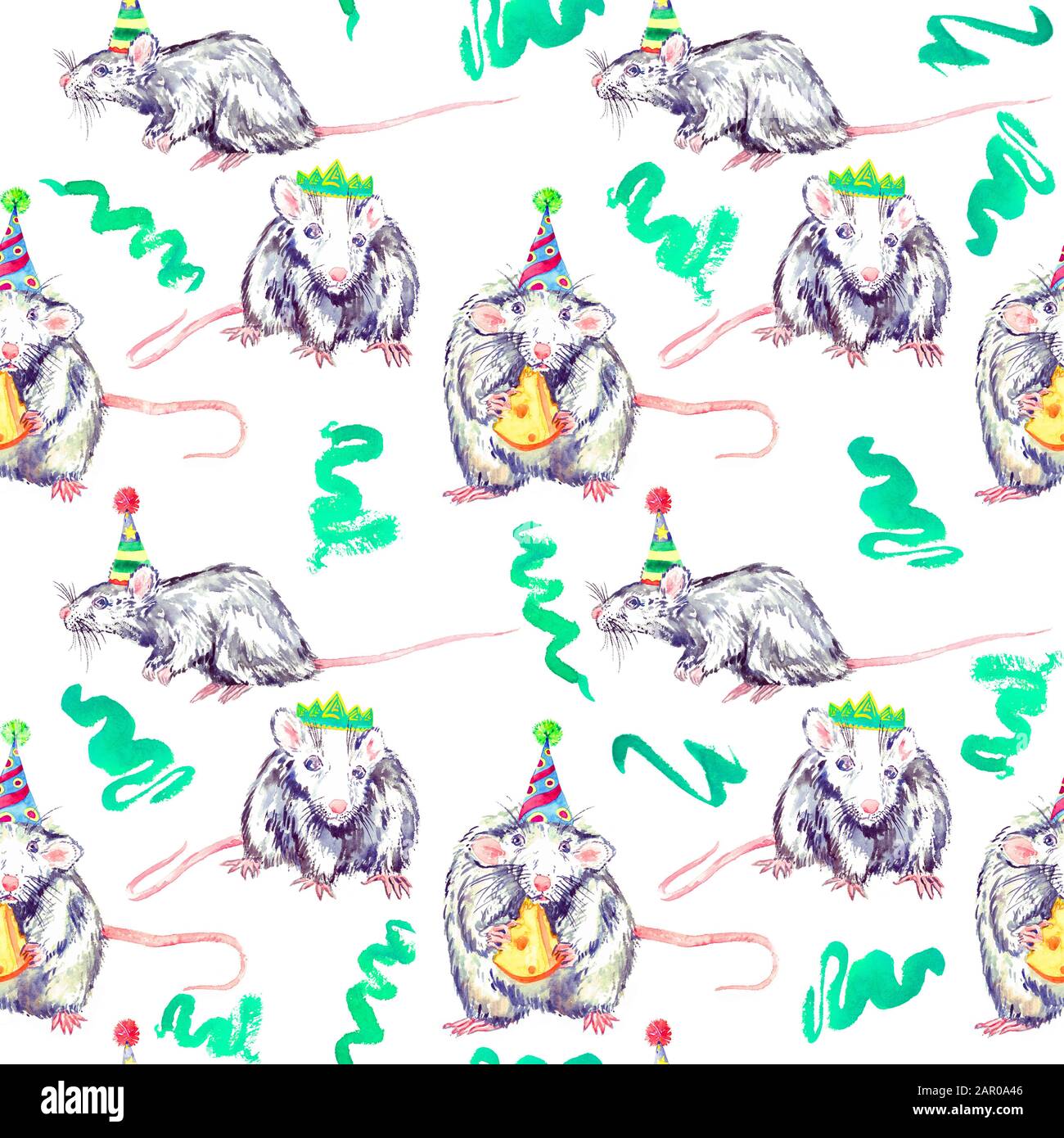 Small funny white-gray rats in hats and crowns, watercolor painting ...