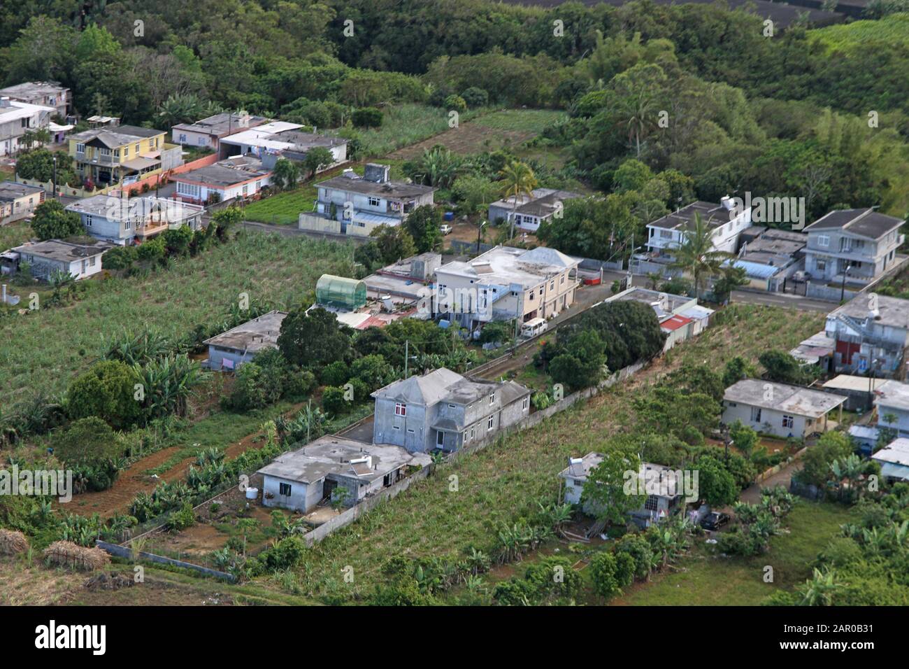 Settlement village encircled within vast sugar cane fields, Mauritius ...