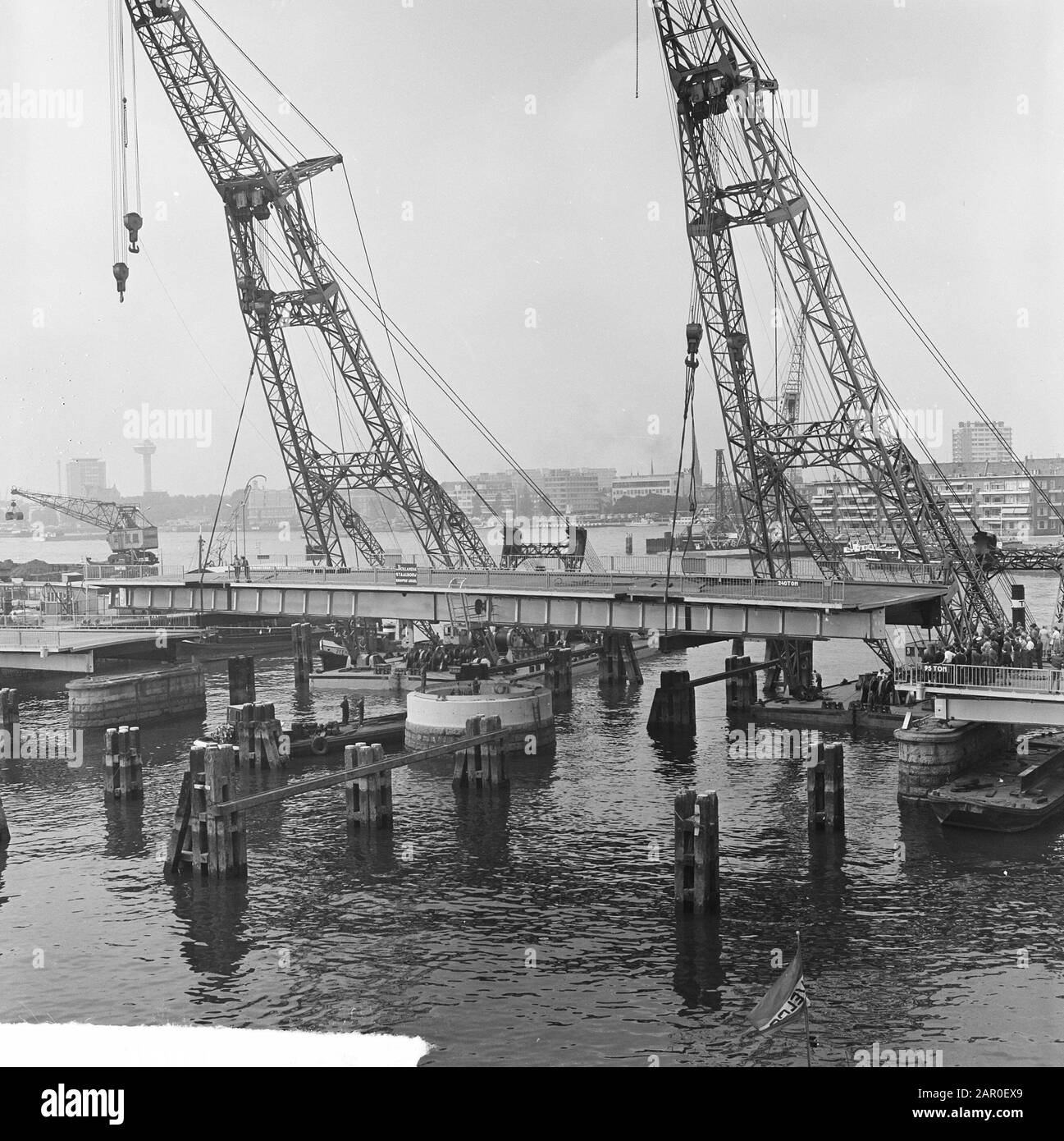 Railway harbour bridge placed. Two floating goats. Places of the bridge ...