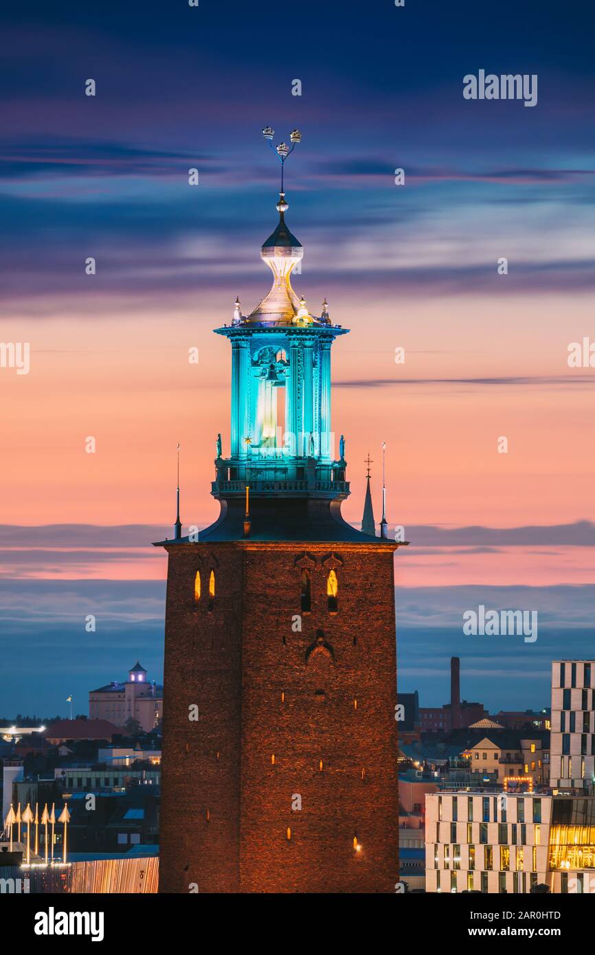 Stockholm, Sweden. Close View Of Famous Tower Of Stockholm City Hall ...