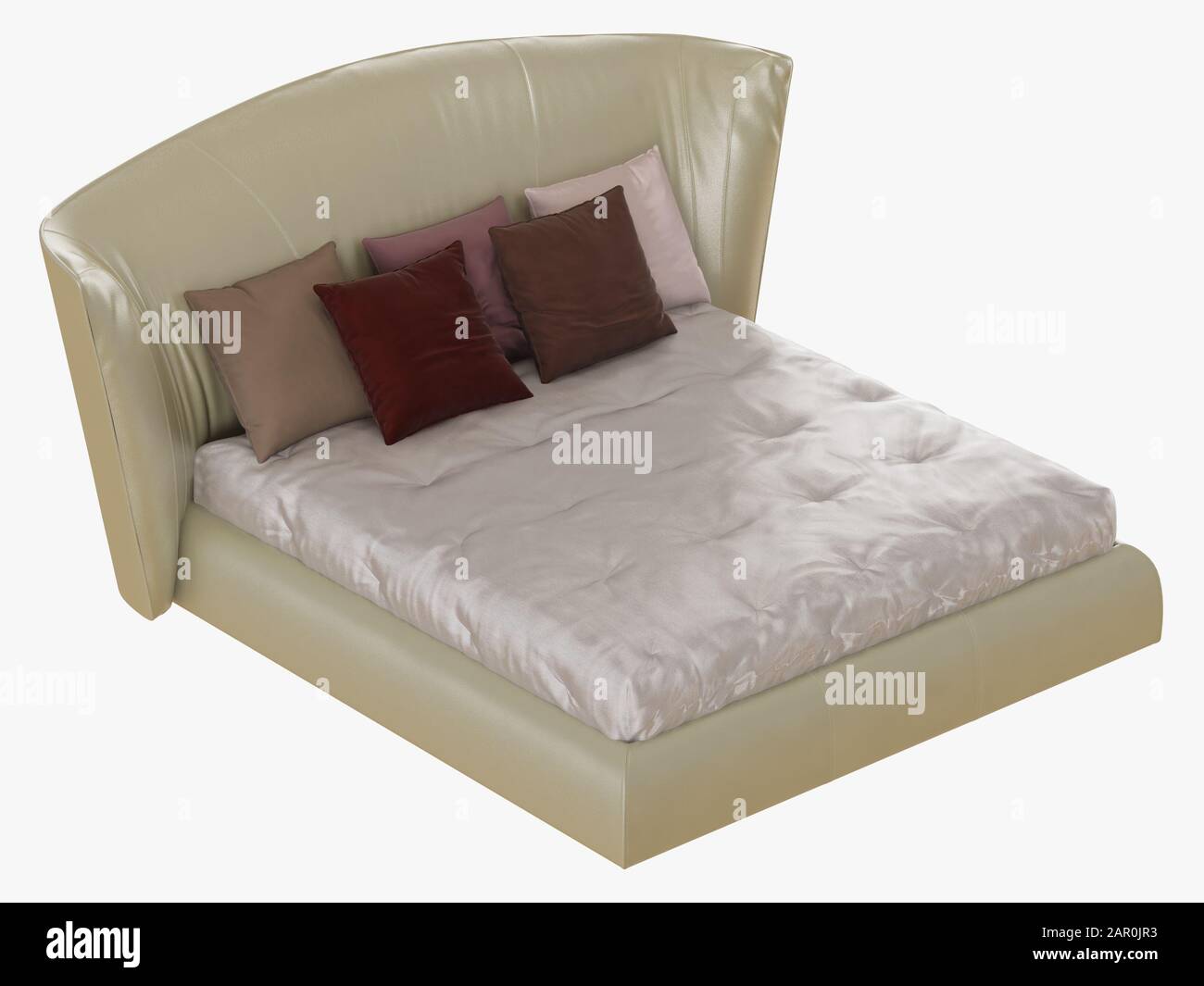 Large beige bed with a soft back and colored pillows side view 3D ...