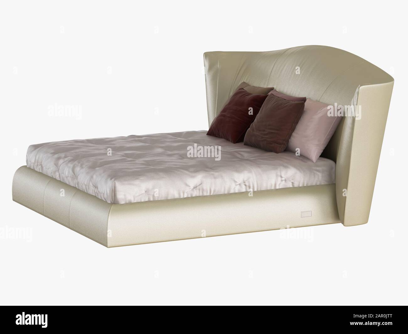 Large beige bed with a soft back and colored pillows side view 3D ...