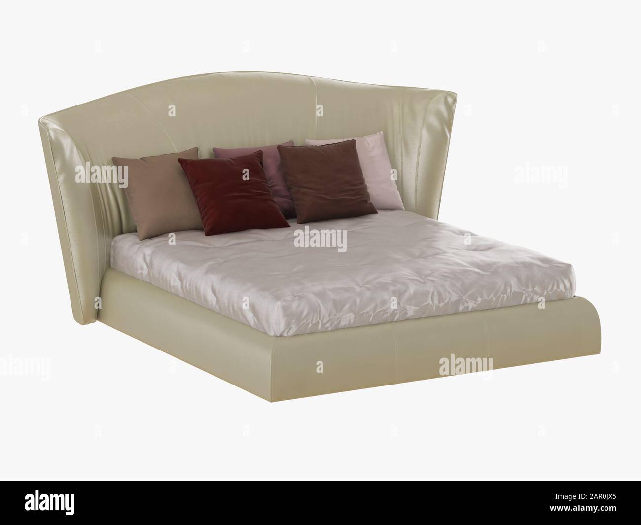 Large beige bed with a soft back and colored pillows side view 3D ...