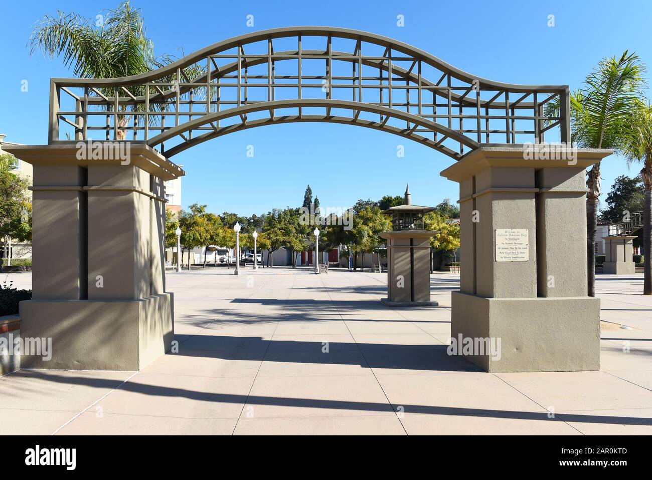 FULLERTON, CALIFORNIA - 24 JAN 2020: Fullerton Downtown Plaza is a 1.2 ...