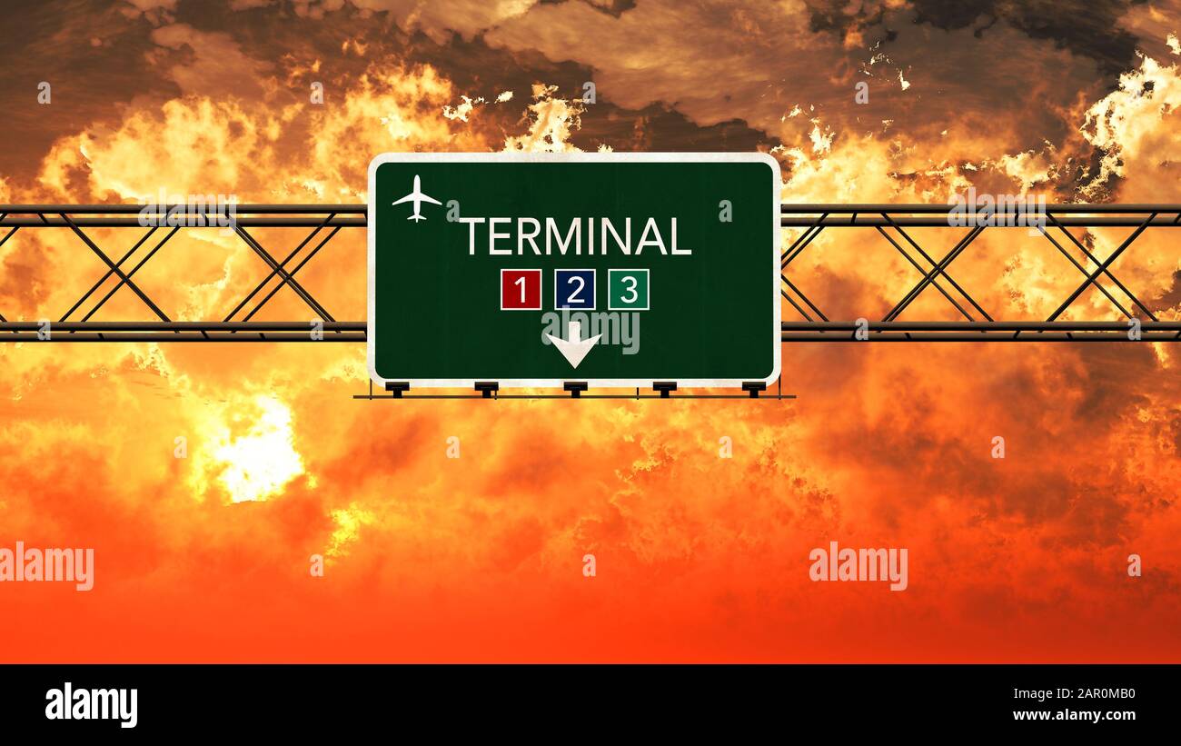 Terminal Airport Highway Sign in an Amazing Sunset Sunrise 3D ...