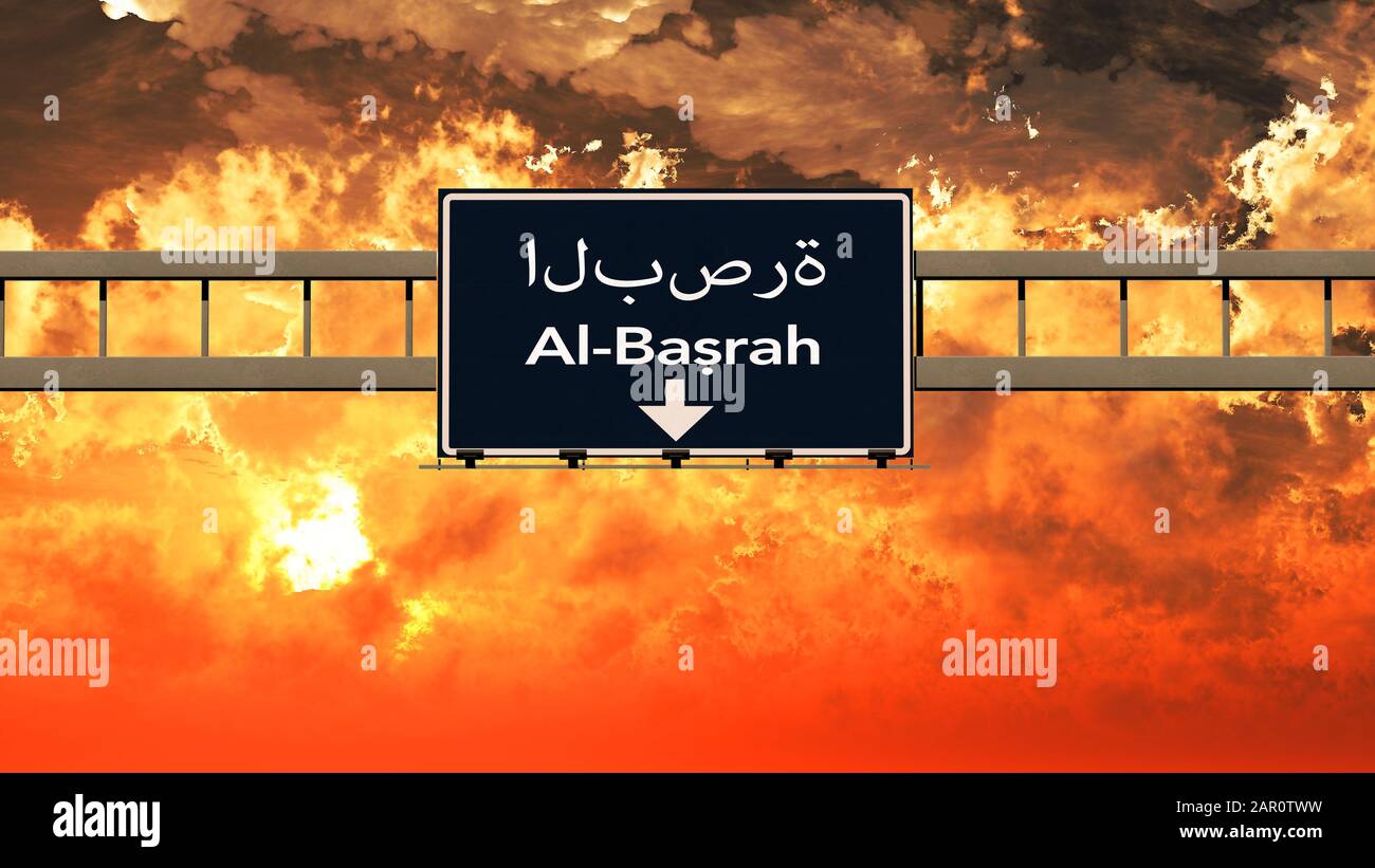 Al Basrah Iraq Highway Sign in a Breathtaking Sunset Sunrise 3D ...