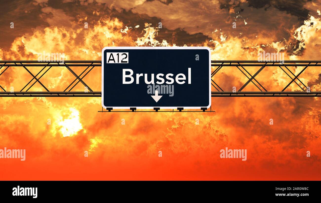 Brussel Belgium Highway Sign in a Breathtaking Sunset Sunrise 3D ...
