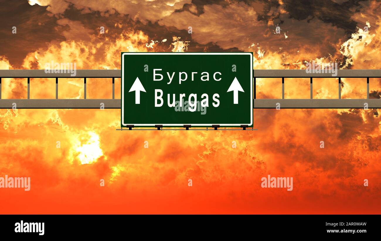 Burgas Bulgaria Highway Sign in a Breathtaking Sunset Sunrise 3D ...