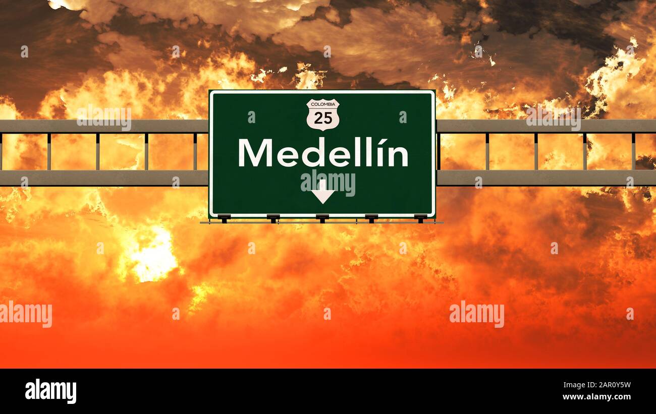 Medellin Colombia Highway Sign in a Breathtaking Sunset Sunrise 3D ...