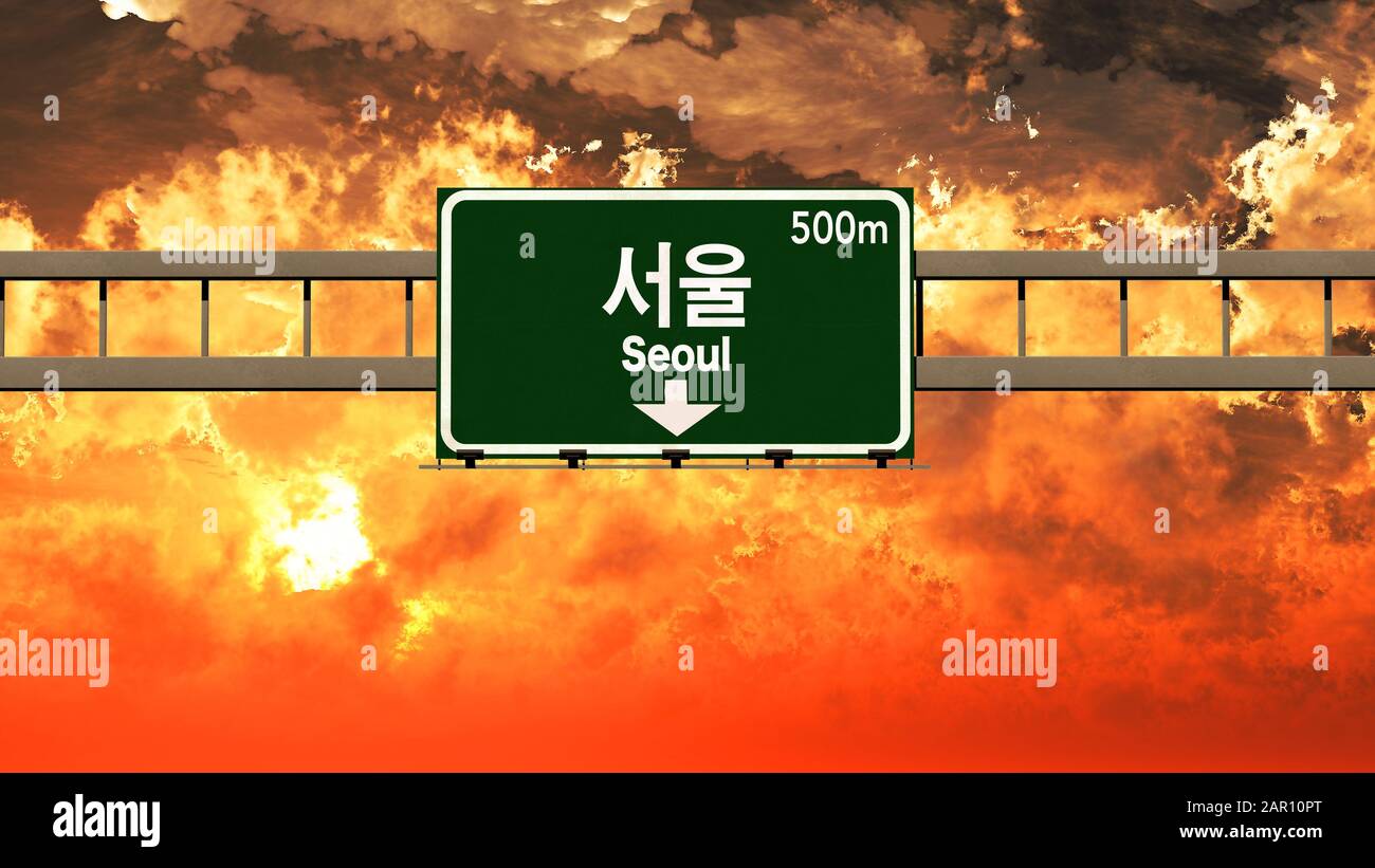 Seoul South Korea Highway Sign in a Breathtaking Sunset Sunrise 3D ...
