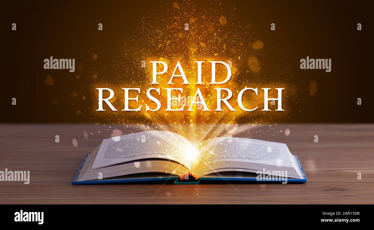 PAID RESEARCH inscription coming out from an open book, educational ...