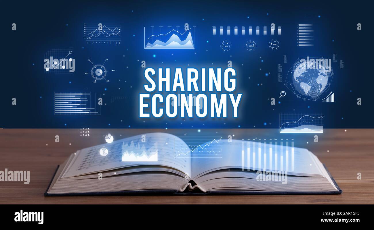 SHARING ECONOMY inscription coming out from an open book, creative ...