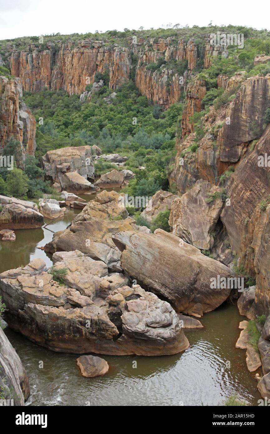 Blyde River, handrail, rock formation and potholes at Burke's Luck ...