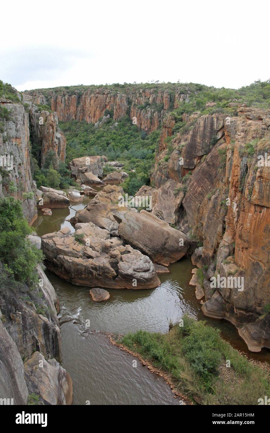 Blyde River, handrail, rock formation and potholes at Burke's Luck ...