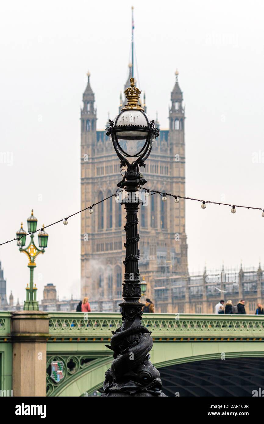 Dolphin lamp standard on Thames Embankment in London at the Westminster ...
