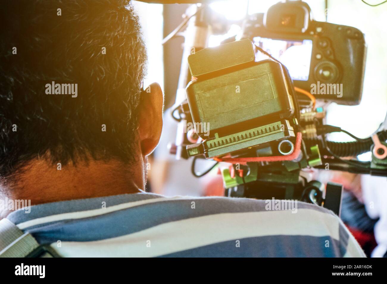 Film industry. Filming with professional camera background Stock Photo ...