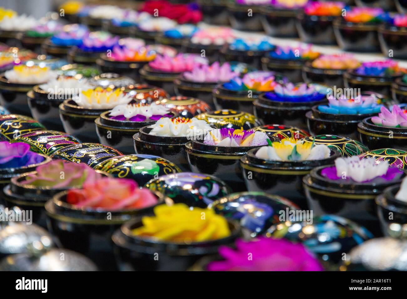 Thailand Handmade carved flower soaps in painted boxes, floral patterns ...