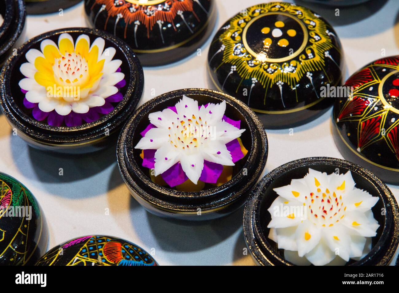 Thailand Handmade carved flower soaps in painted boxes, floral patterns ...
