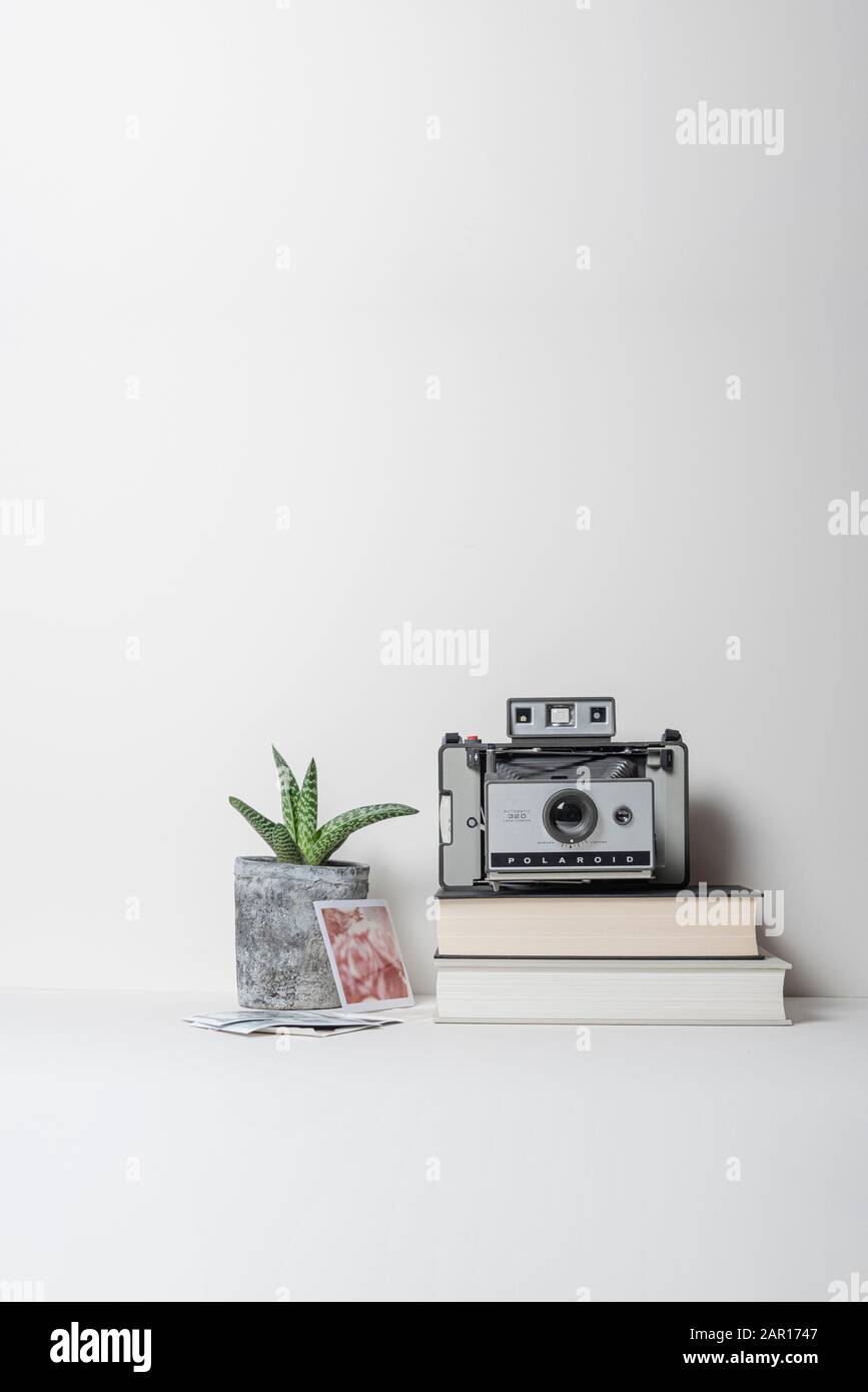 Polaroid 320 Land camera and instant prints in a table top setting ...