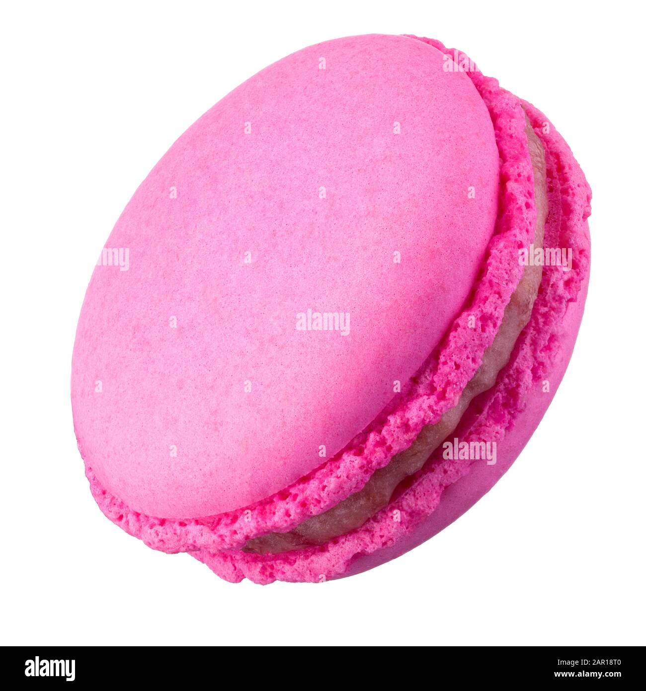 Macro photo of french pink rose macaroon isolated on white with ...