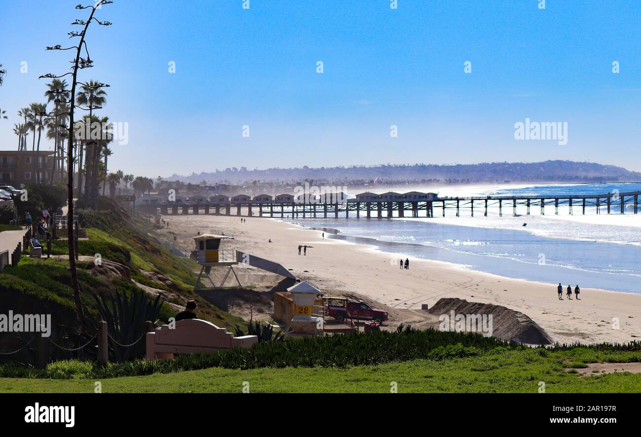 A bluff with tall plant and empty bench overlooking views of Crystal ...