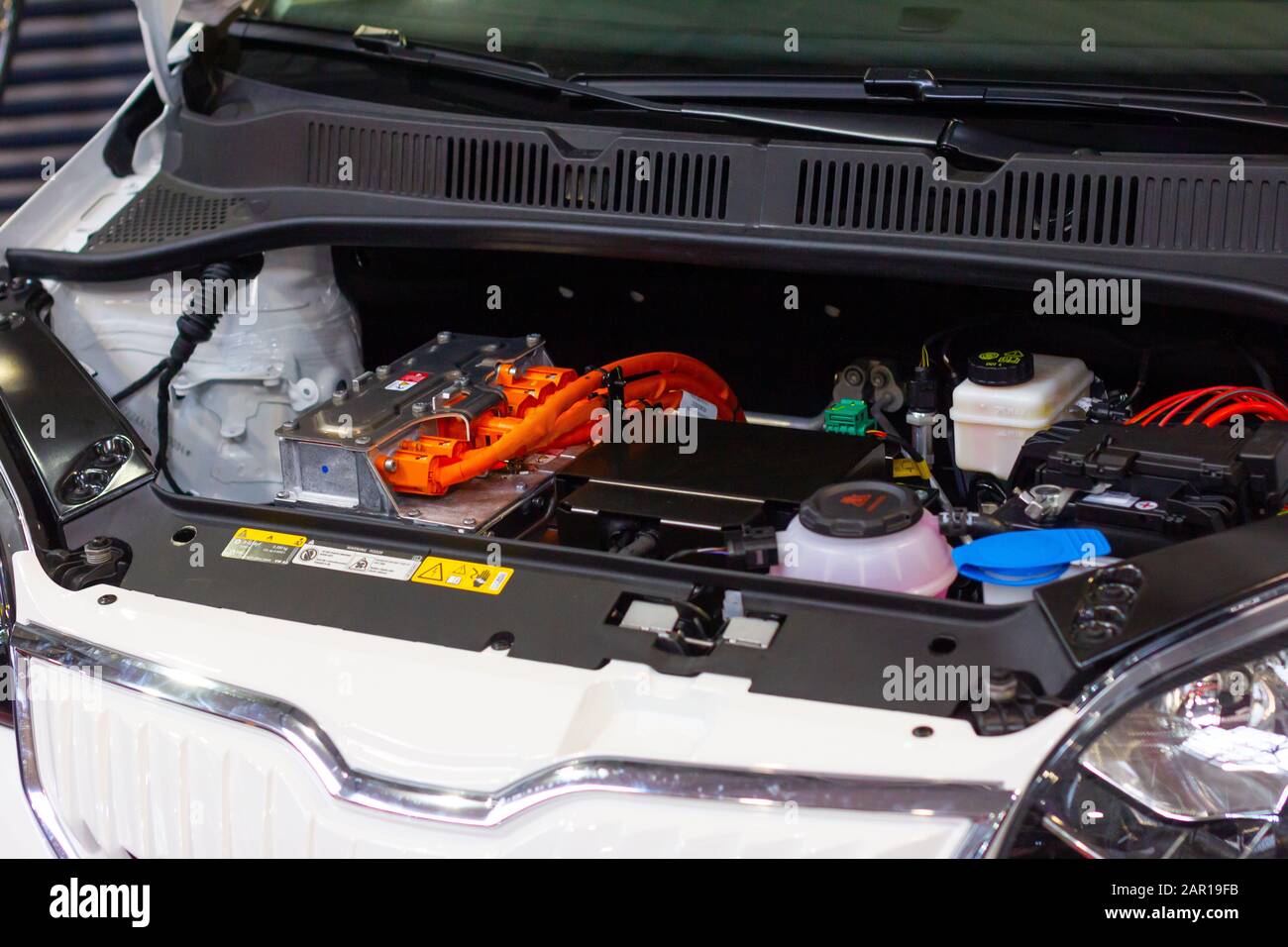 Under the hood of electric skoda citigo iV. Detail of electric car ...