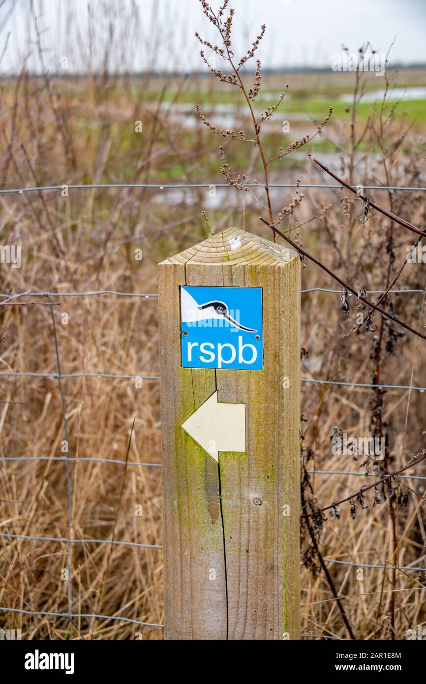 RSPB Otmoor: RSPB sign with wetlands in the background. Oxfordshire UK ...