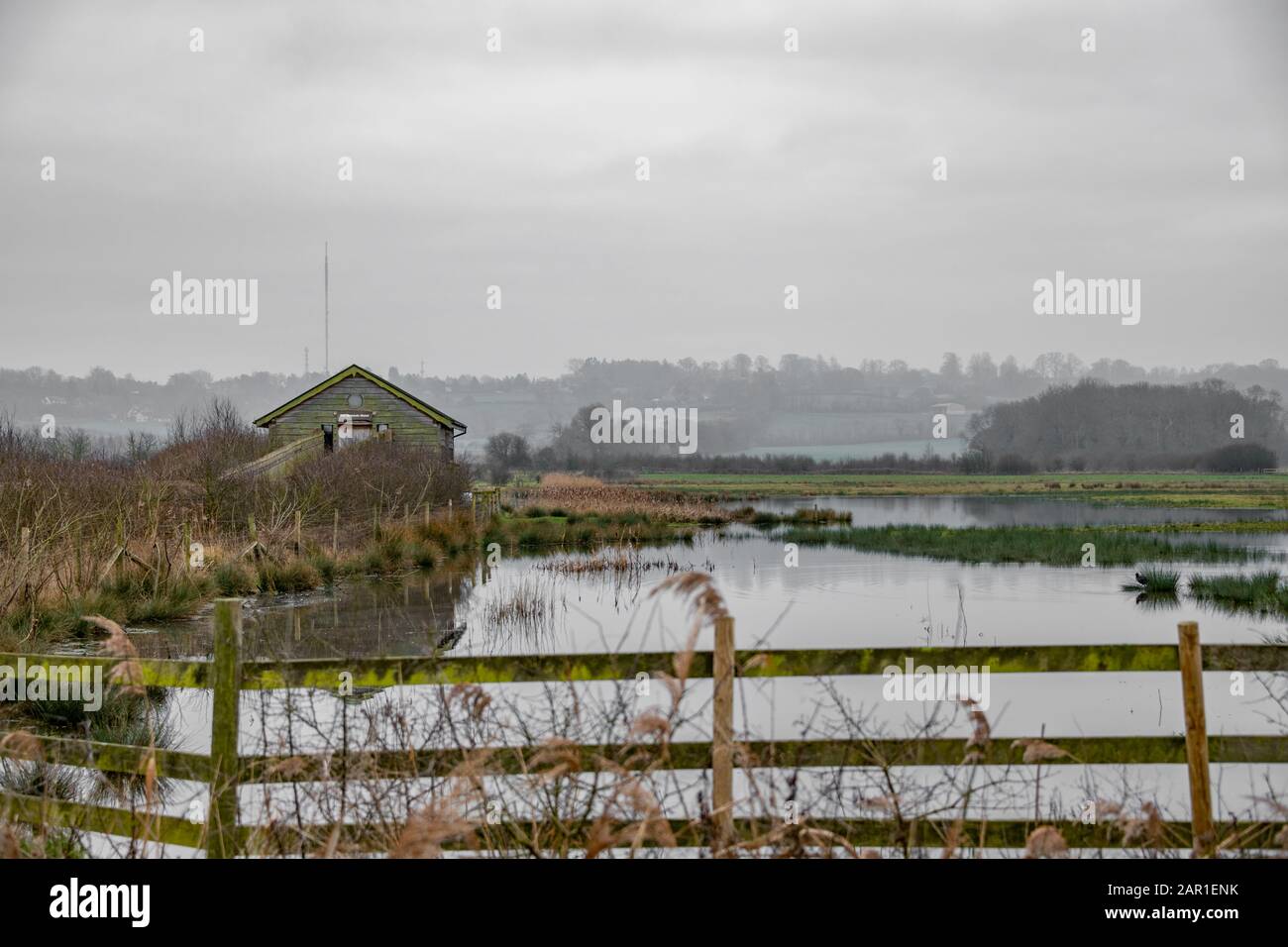 RSPB Otmoor: Hide for bird watching next to wetlands. Beckley mast in ...