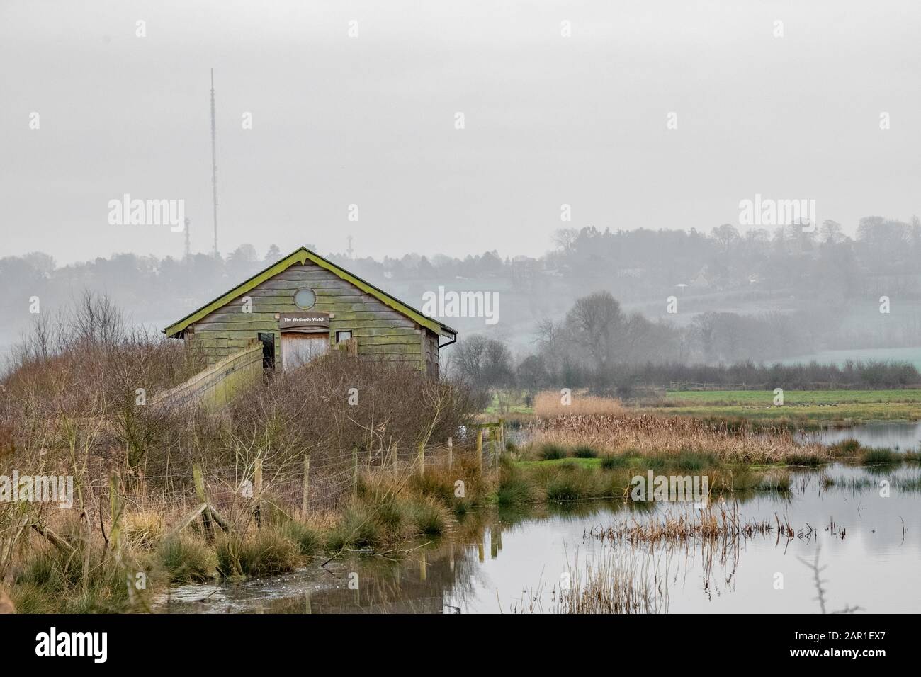 RSPB Otmoor: Hide for bird watching next to wetlands. Beckley mast in ...