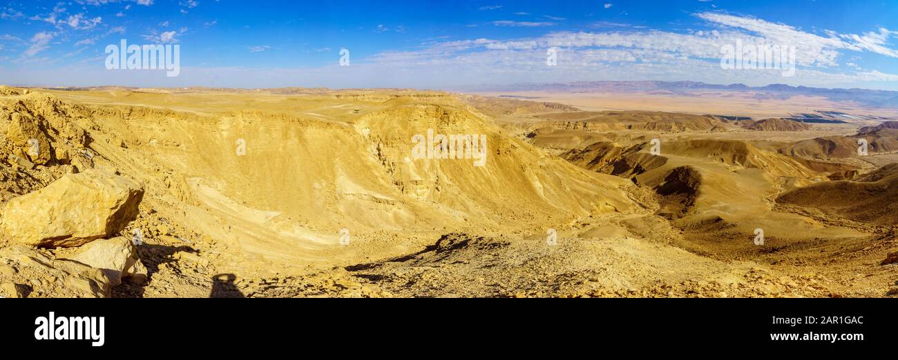 Panoramic landscape of the Arava desert from mount Ayit lookout ...