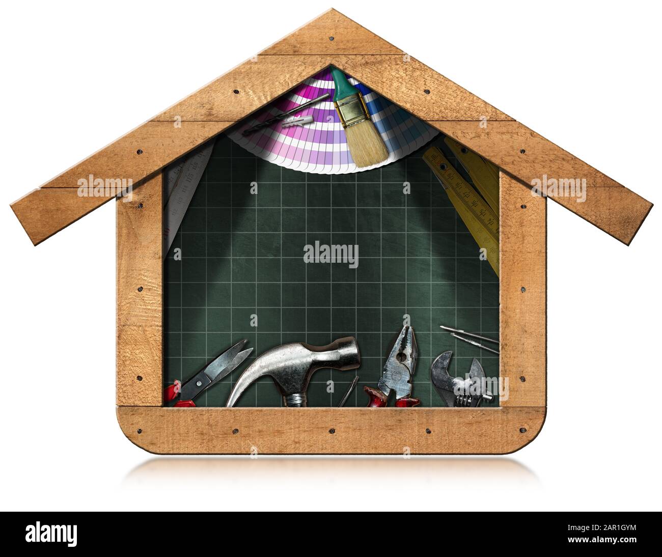 Home Improvement Concept. House-shaped blackboard with wooden frame ...