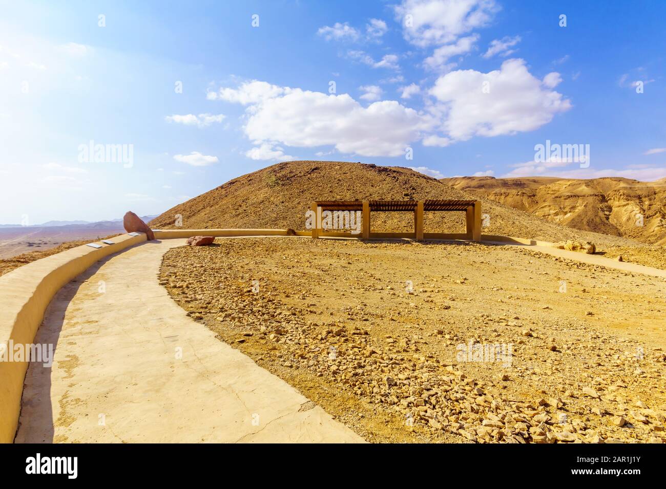 View of the Arava desert landscape, with an observation point, Southern ...